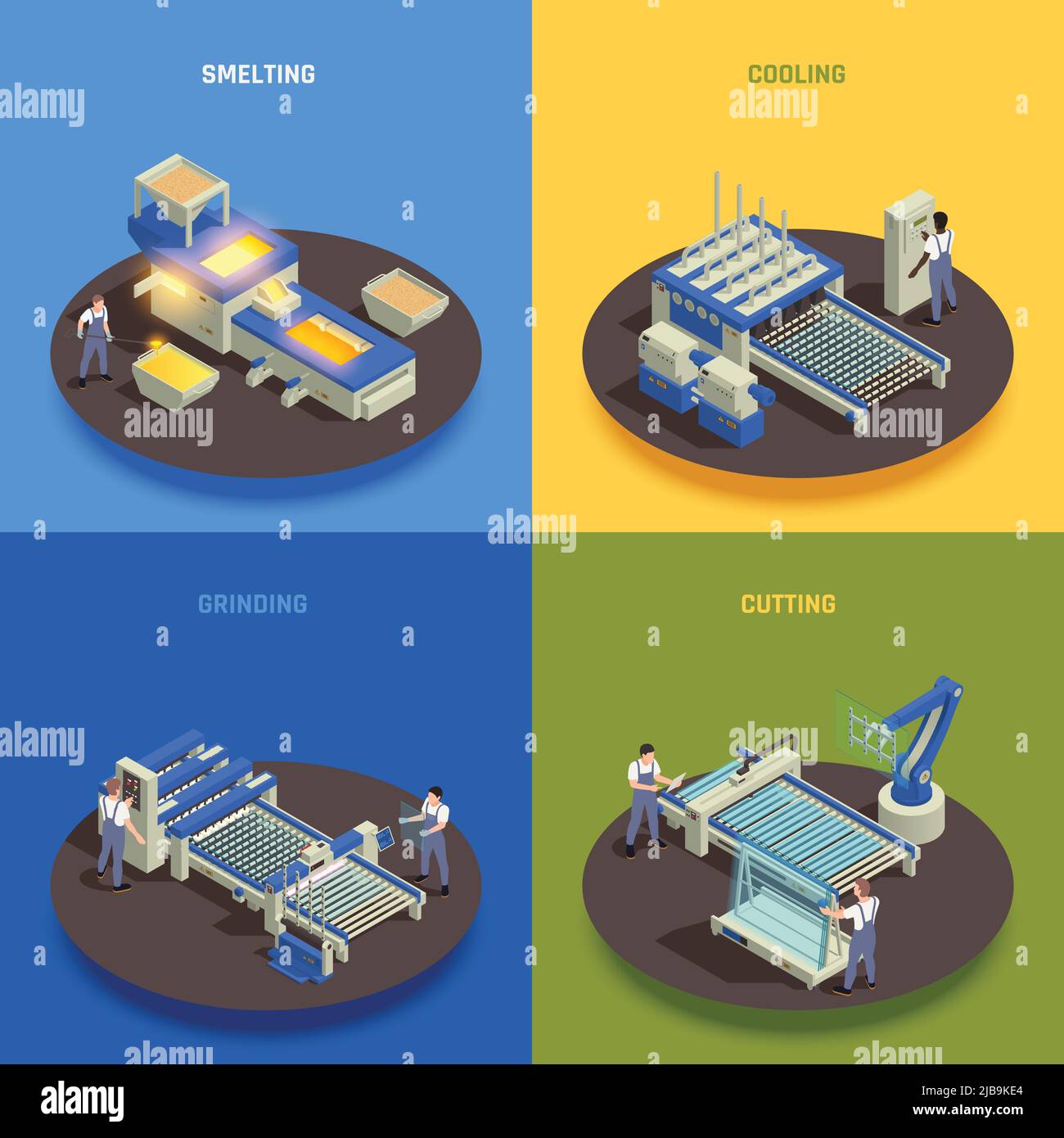 Modern glass production concept 4 isometric compositions square with ...