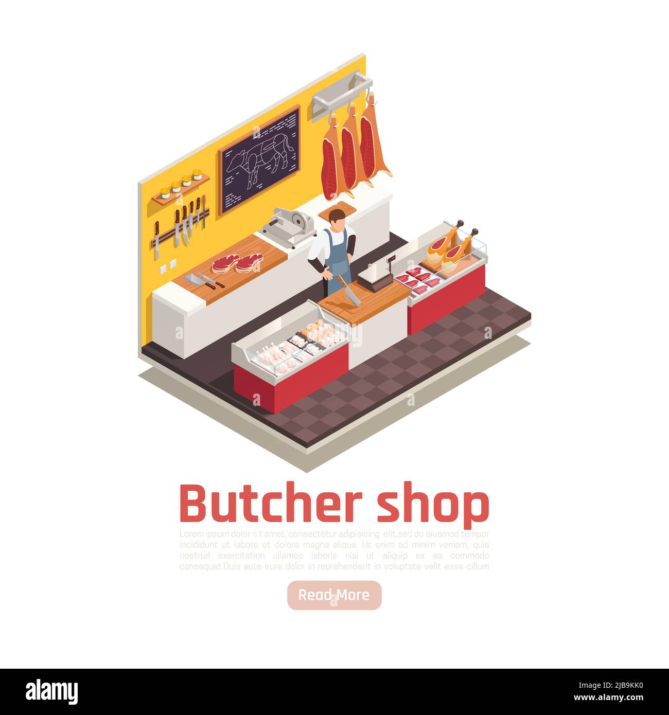 Meat shop interior isometric composition with beef cuts knives butcher ...