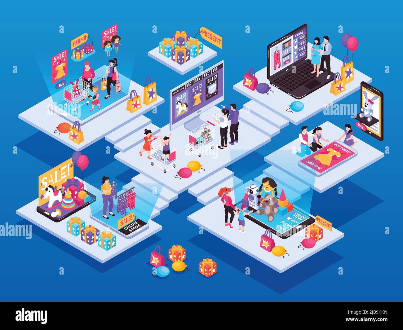 Isometric kids online shopping composition with set of stairway ...