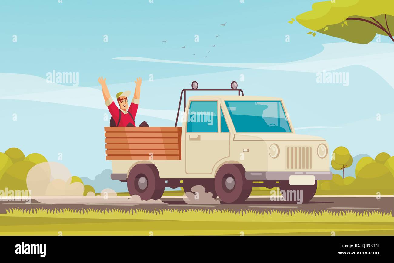 Cartoon background with happy hitchhiking man going in body of truck ...