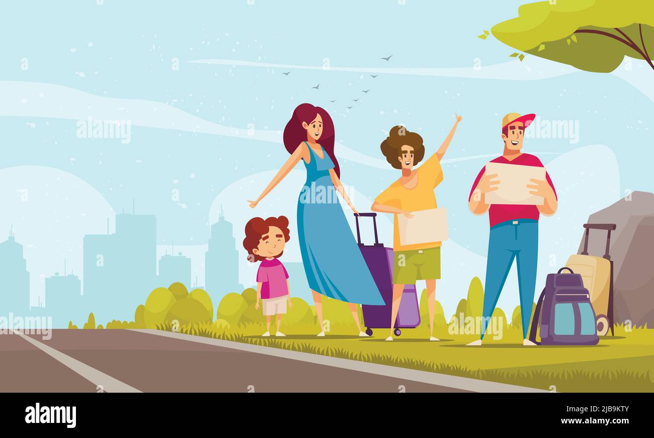 Happy family with child hitchhiking waiting for car by side on road ...