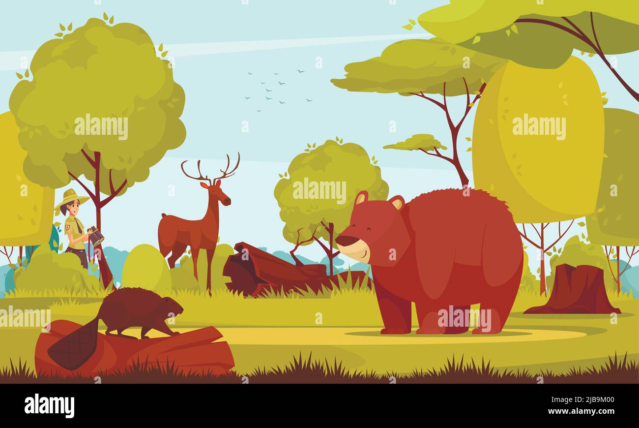 Woman forest ranger watching wild animals in forest cartoon vector ...