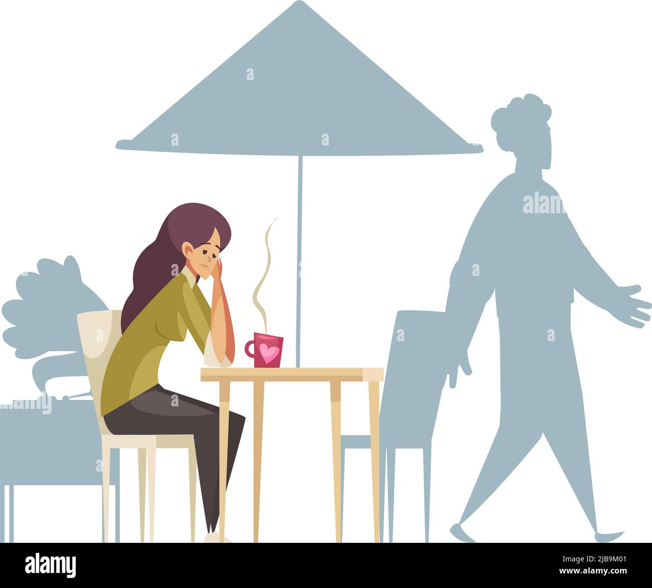 Lonely composition with character of young girl sitting at cafe table ...