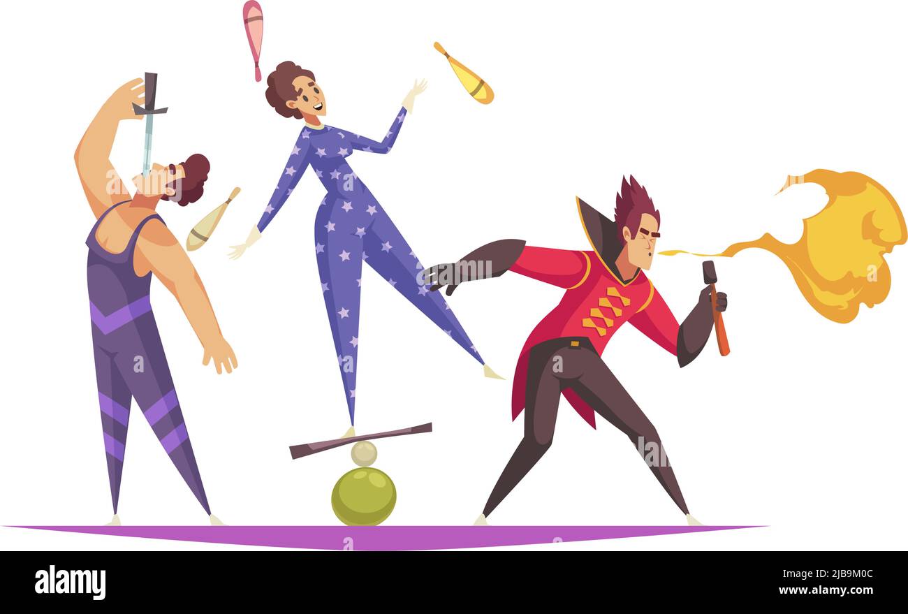 Cartoon composition with performing circus artists on white background ...