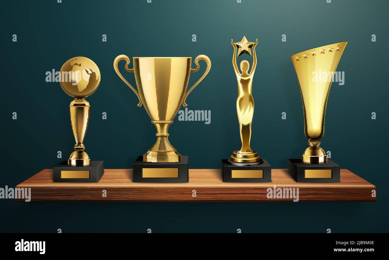 Trophy and frame realistic set of four different art and sport cups ...