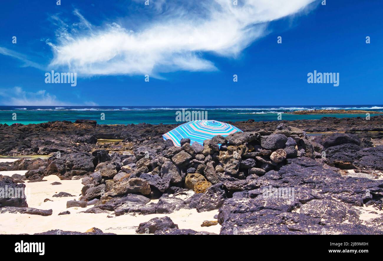 El Cotillo - Faro del Toston: One single isolated blue umbrella between ...