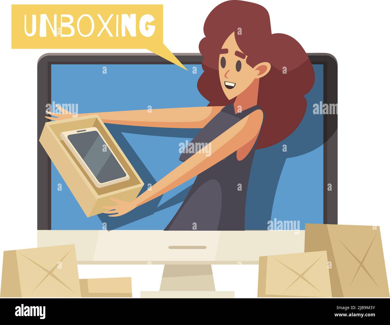Unboxing video blogger cartoon icon with woman holding cardboard box ...