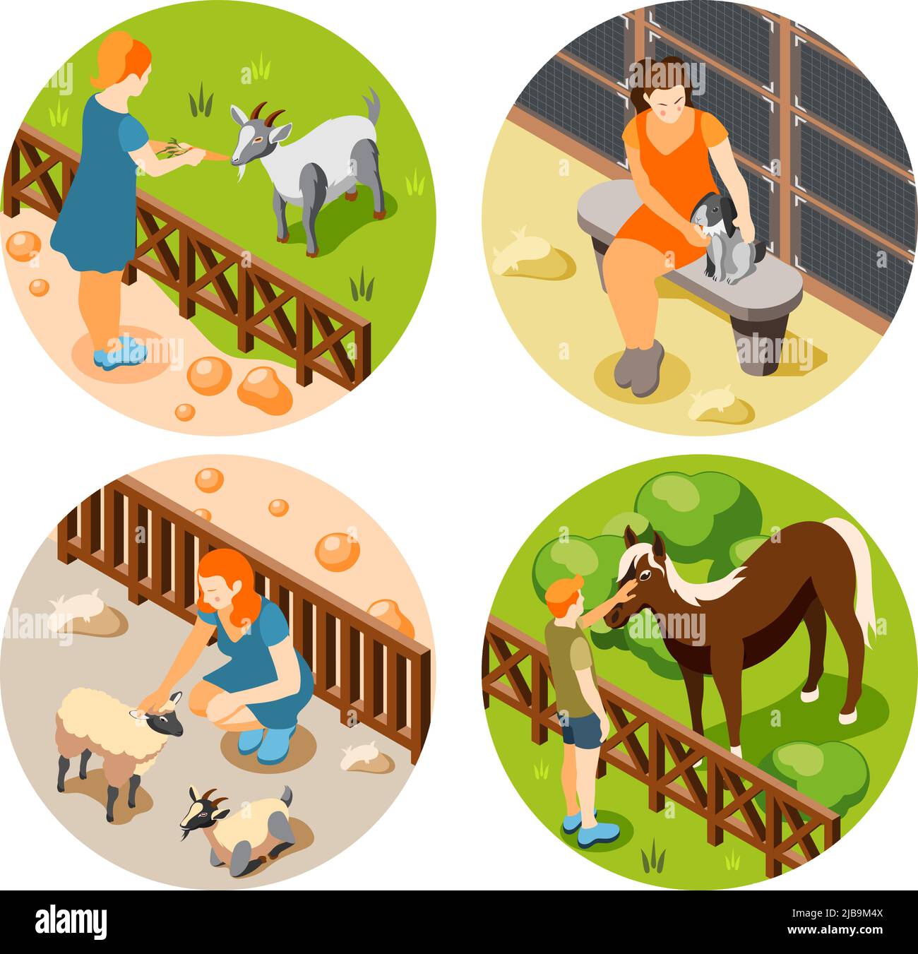 Four contact zoo isometric icon set with people feed and touch animals ...