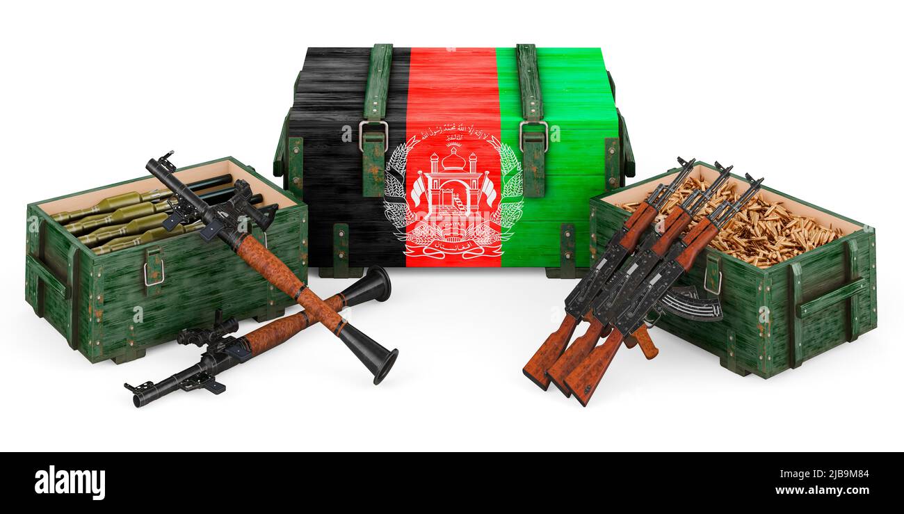 Weapons, military supplies in Afghanistan, concept. 3D rendering ...