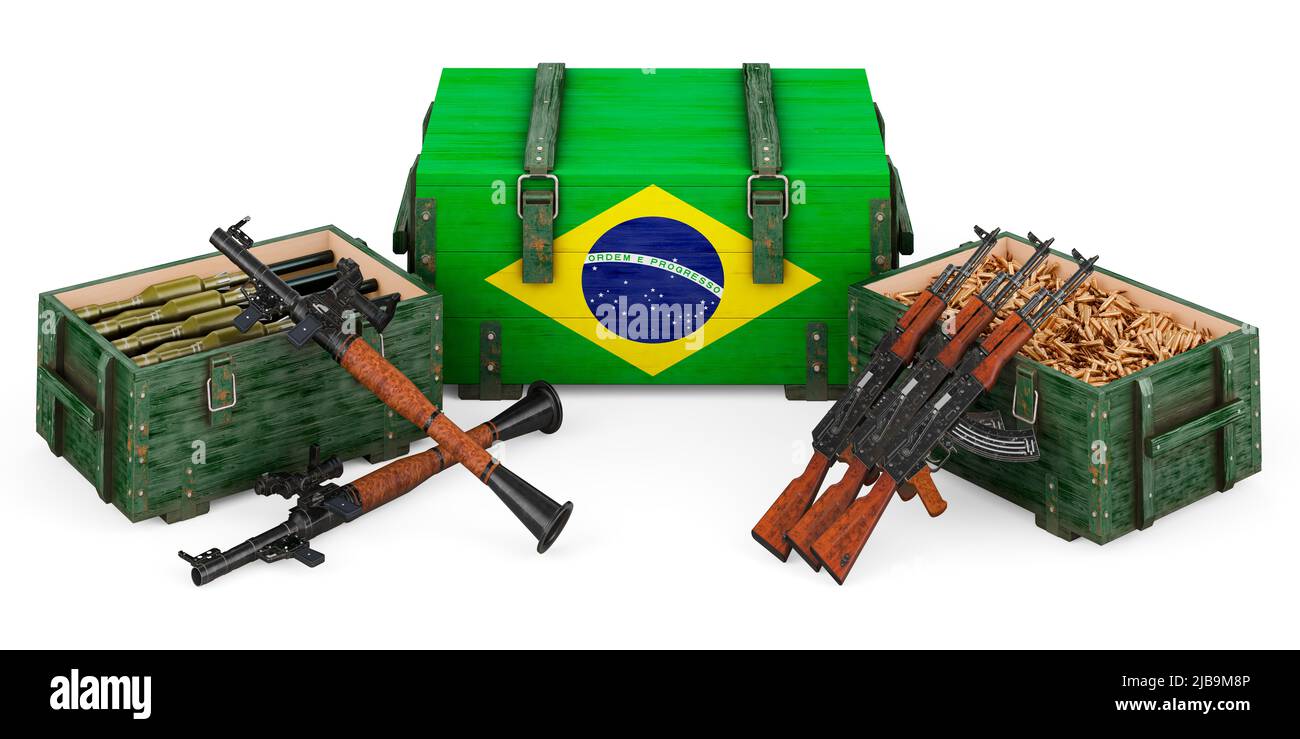 Weapons, military supplies in Brazil, concept. 3D rendering isolated on ...
