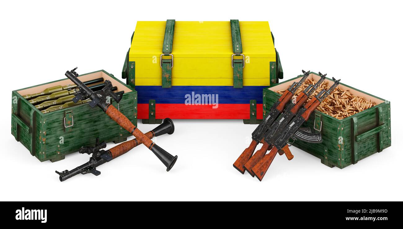Weapons, military supplies in Colombia, concept. 3D rendering isolated ...