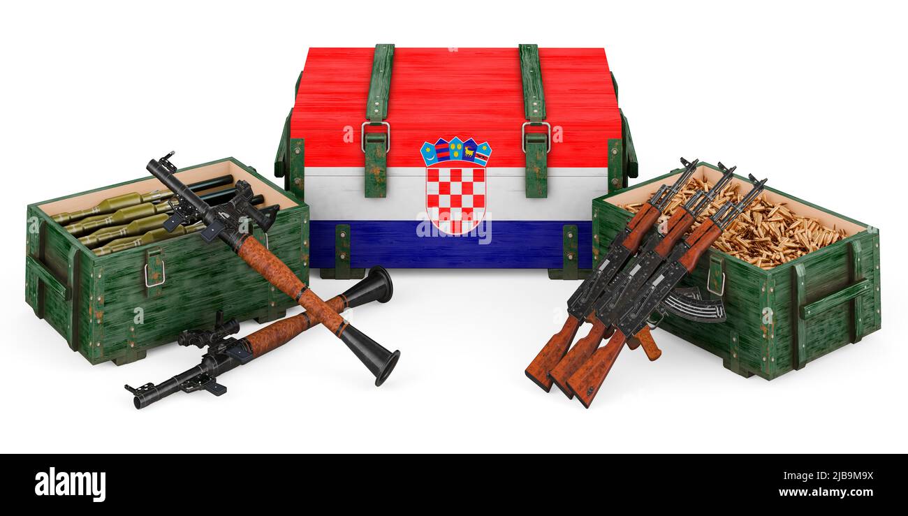 Weapons, military supplies in Croatia, concept. 3D rendering isolated ...