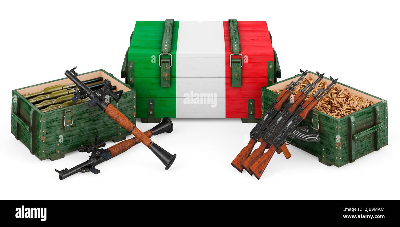 Weapons, military supplies in Italy, concept. 3D rendering isolated on ...