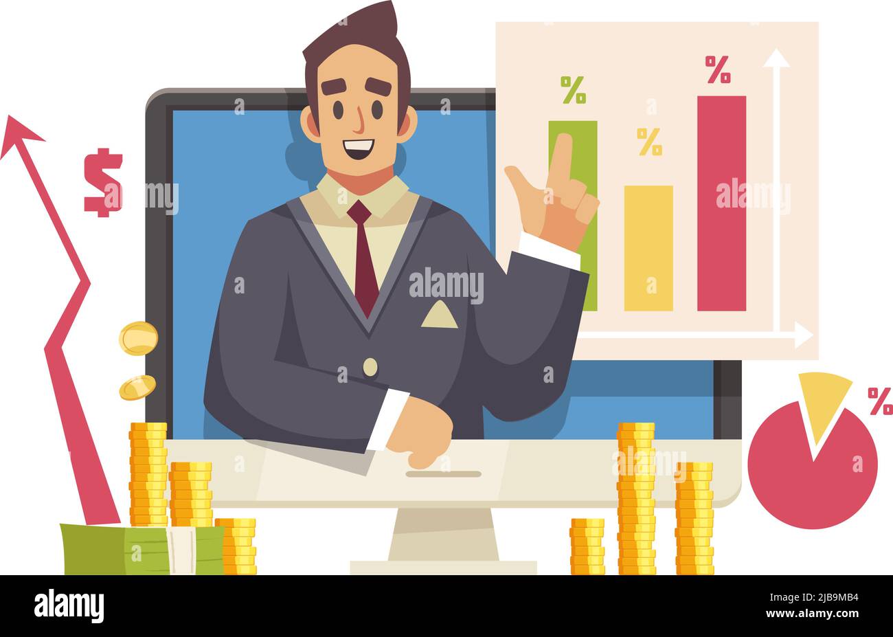 Male blogger streaming video on finance and banking cartoon vector ...