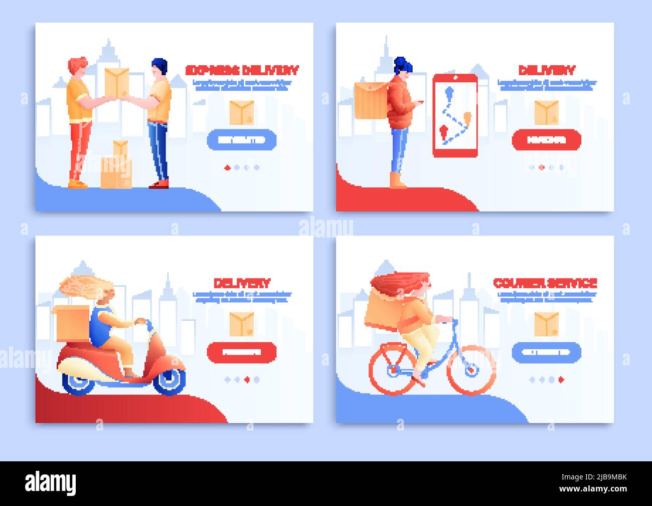 Courier delivery cards flat set with people doing their work on foot ...