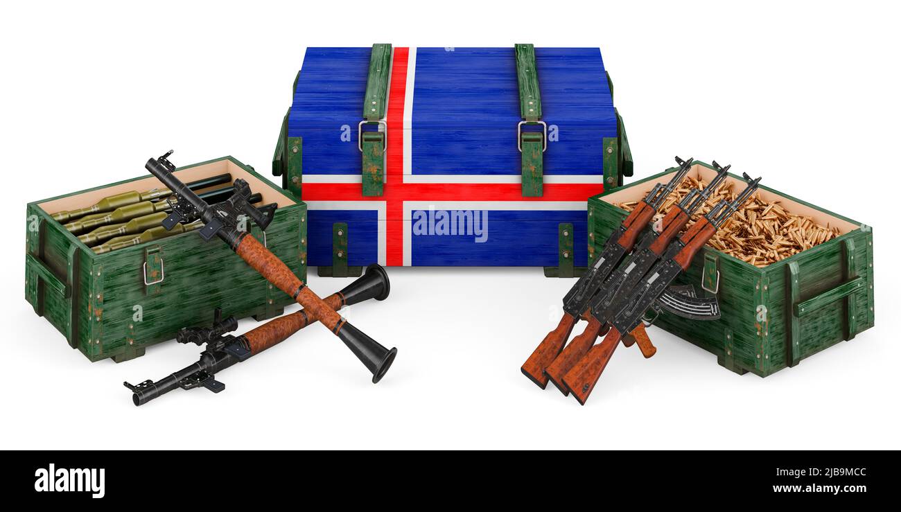 Weapons, military supplies in Iceland, concept. 3D rendering isolated ...