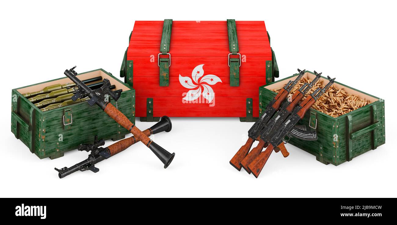 Weapons, military supplies in Hong Kong, concept. 3D rendering isolated ...