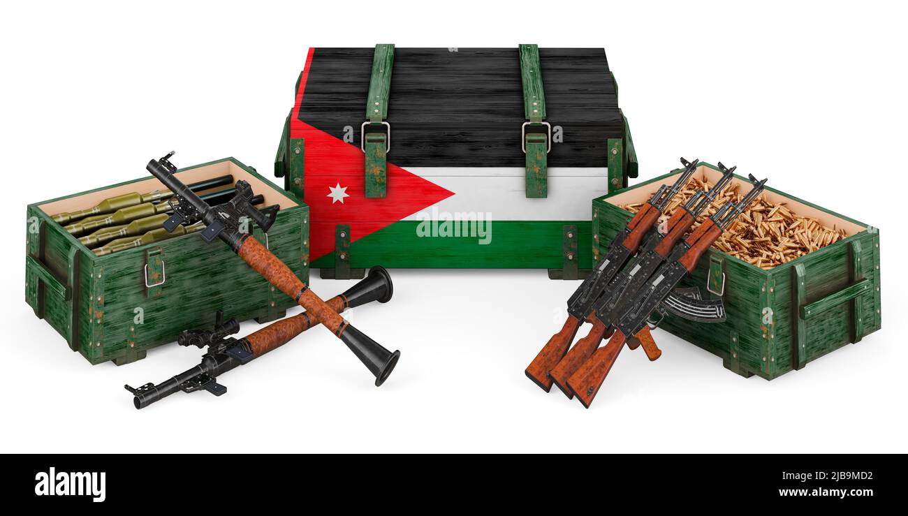 Weapons, military supplies in Jordan, concept. 3D rendering isolated on ...