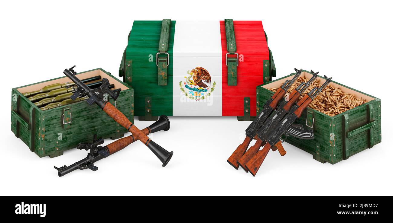 Weapons, military supplies in Mexico, concept. 3D rendering isolated on ...