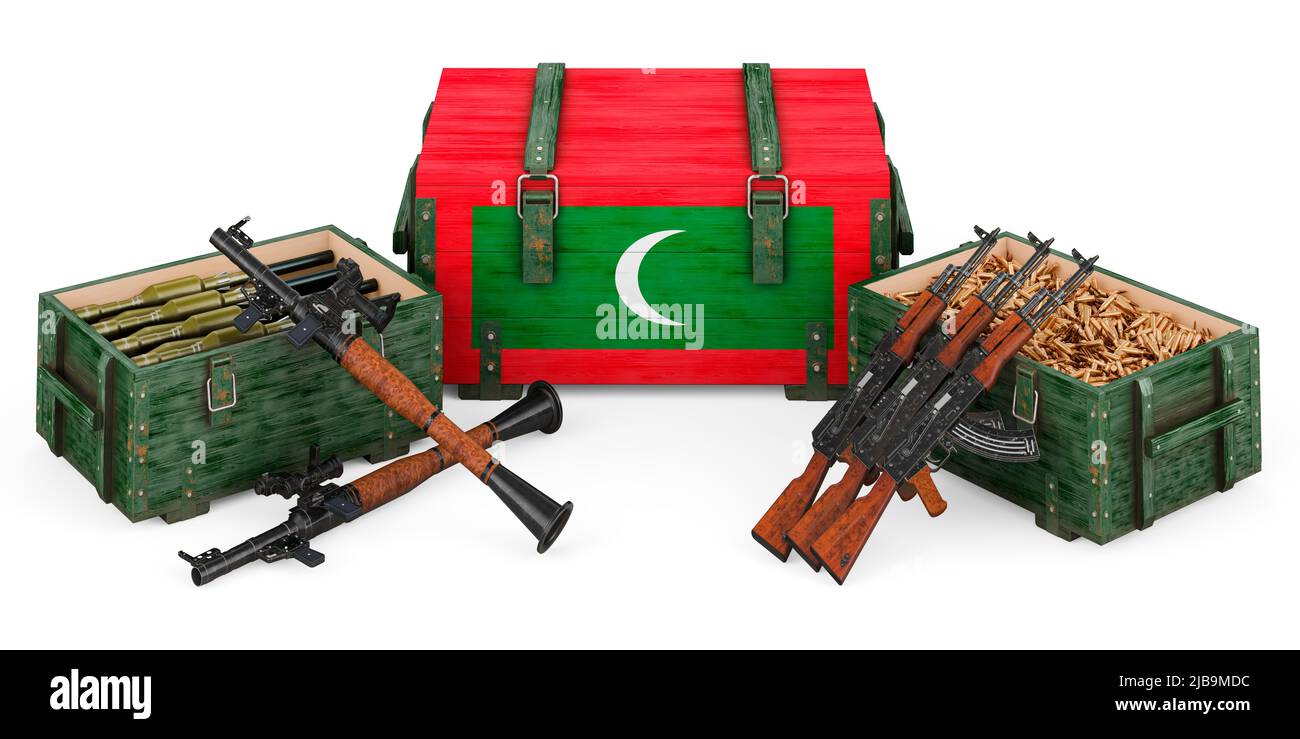 Weapons, military supplies in Maldives, concept. 3D rendering isolated ...