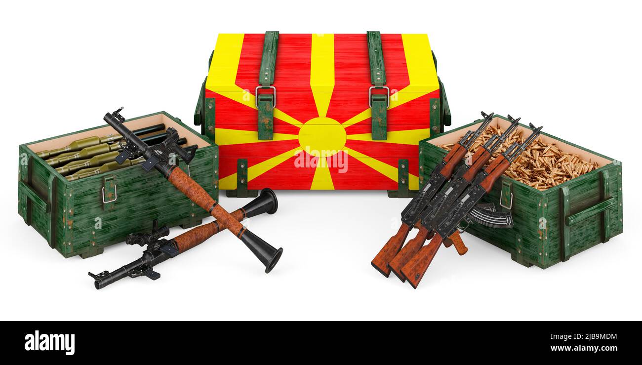 Weapons, military supplies in Macedonia, concept. 3D rendering isolated ...
