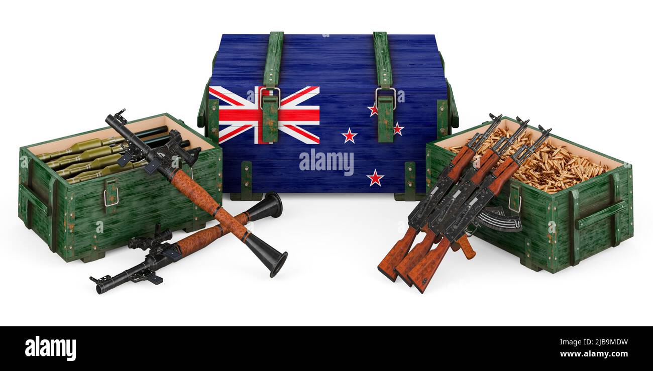 Weapons, military supplies in New Zealand, concept. 3D rendering ...