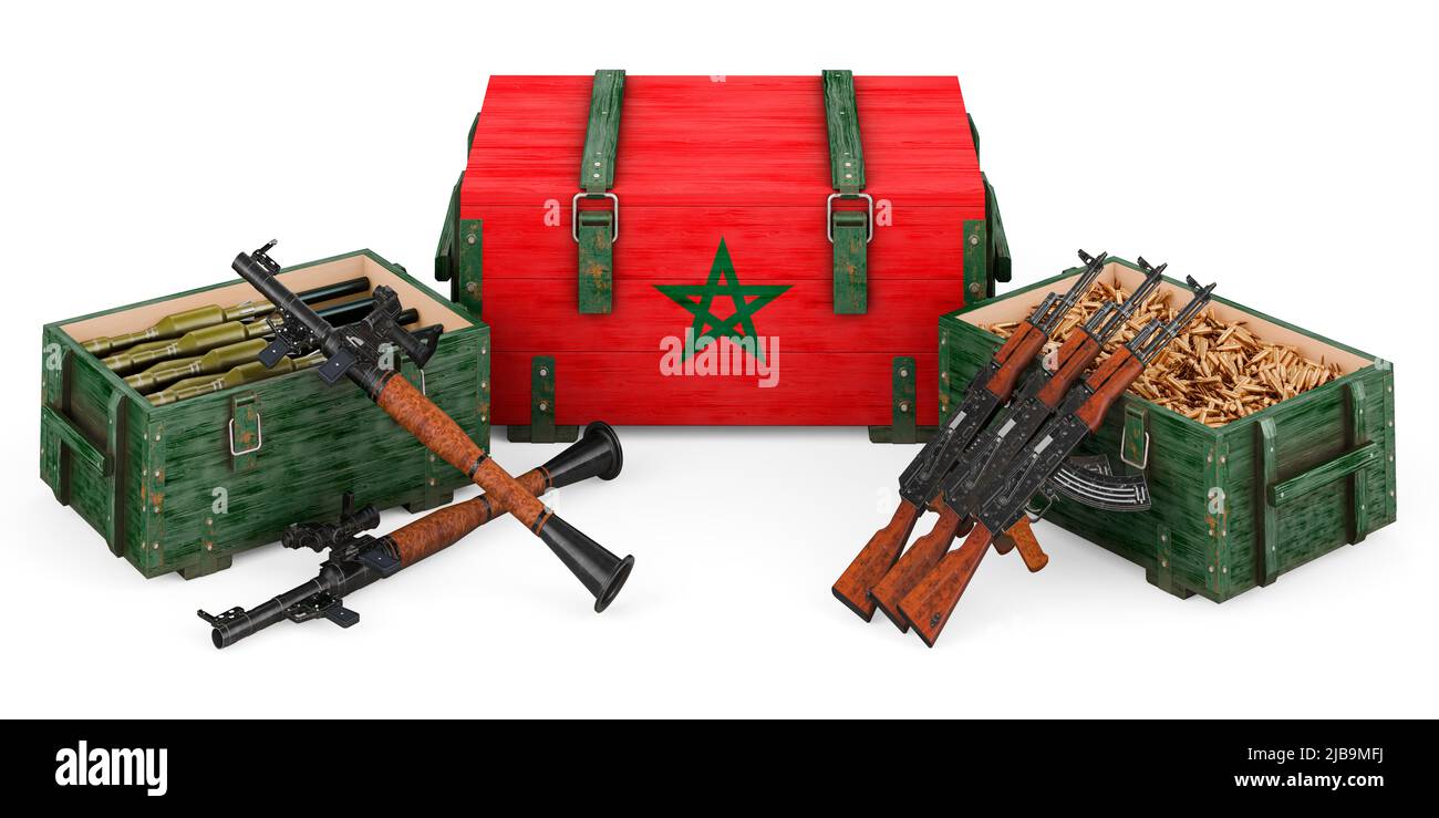 Weapons, military supplies in Morocco, concept. 3D rendering isolated ...