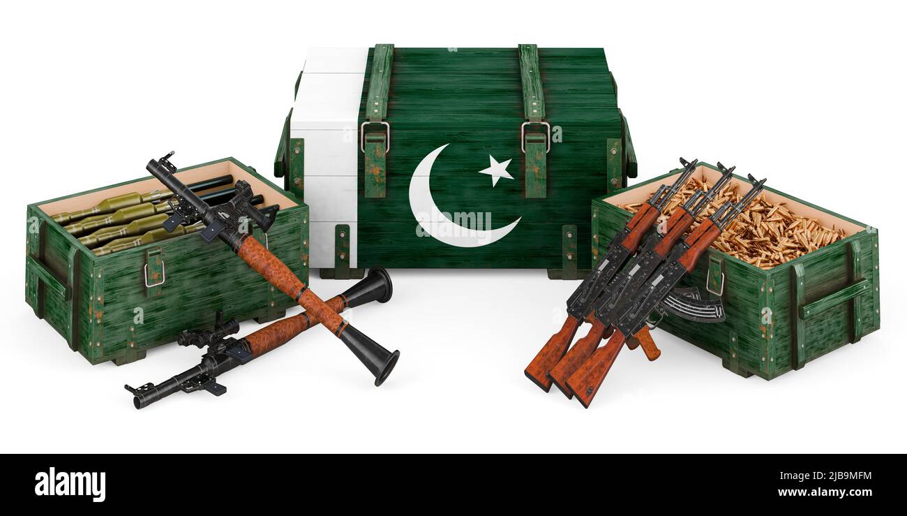 Weapons, military supplies in Pakistan, concept. 3D rendering isolated ...