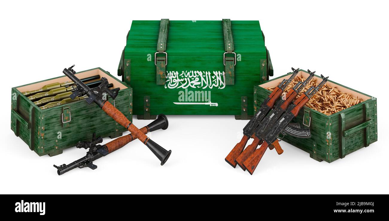 Weapons, military supplies in Saudi Arabia, concept. 3D rendering ...