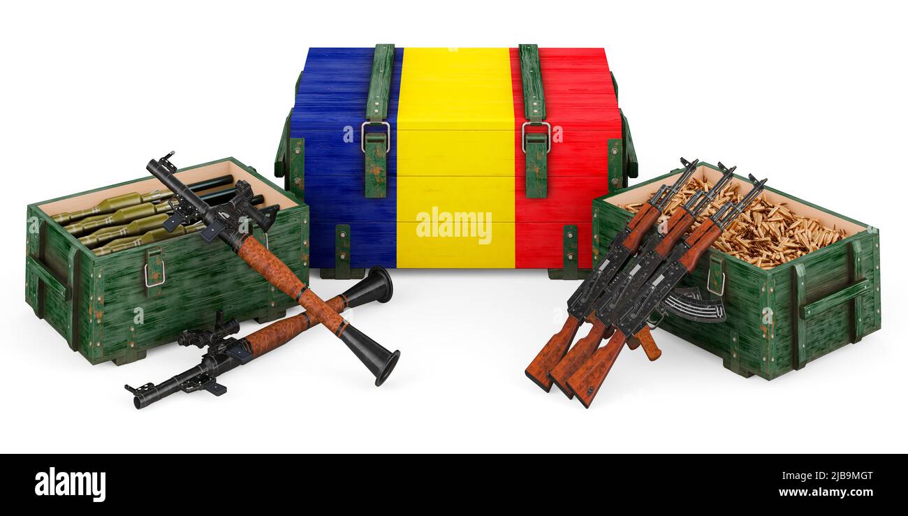 Weapons, military supplies in Romania, concept. 3D rendering isolated ...