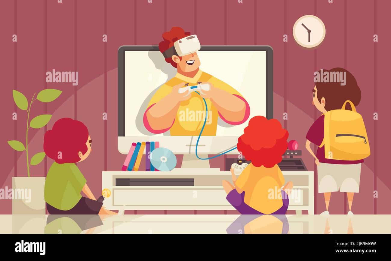 Children watching video blogger playing computer game cartoon vector ...
