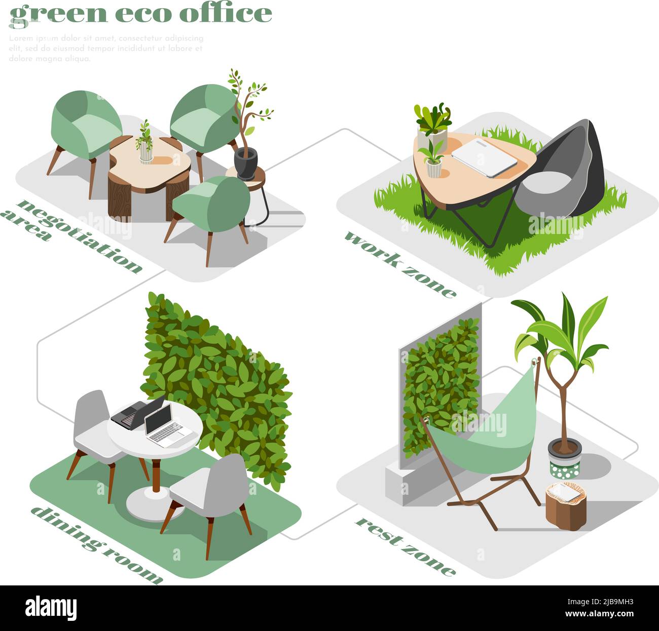Green office isometric icon set with negotiation area work zone rest ...