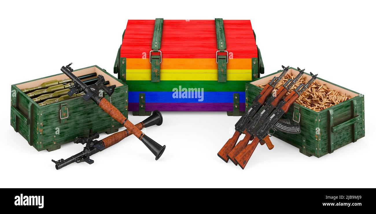 Weapons, military supplies with LGBT flag, concept. 3D rendering ...