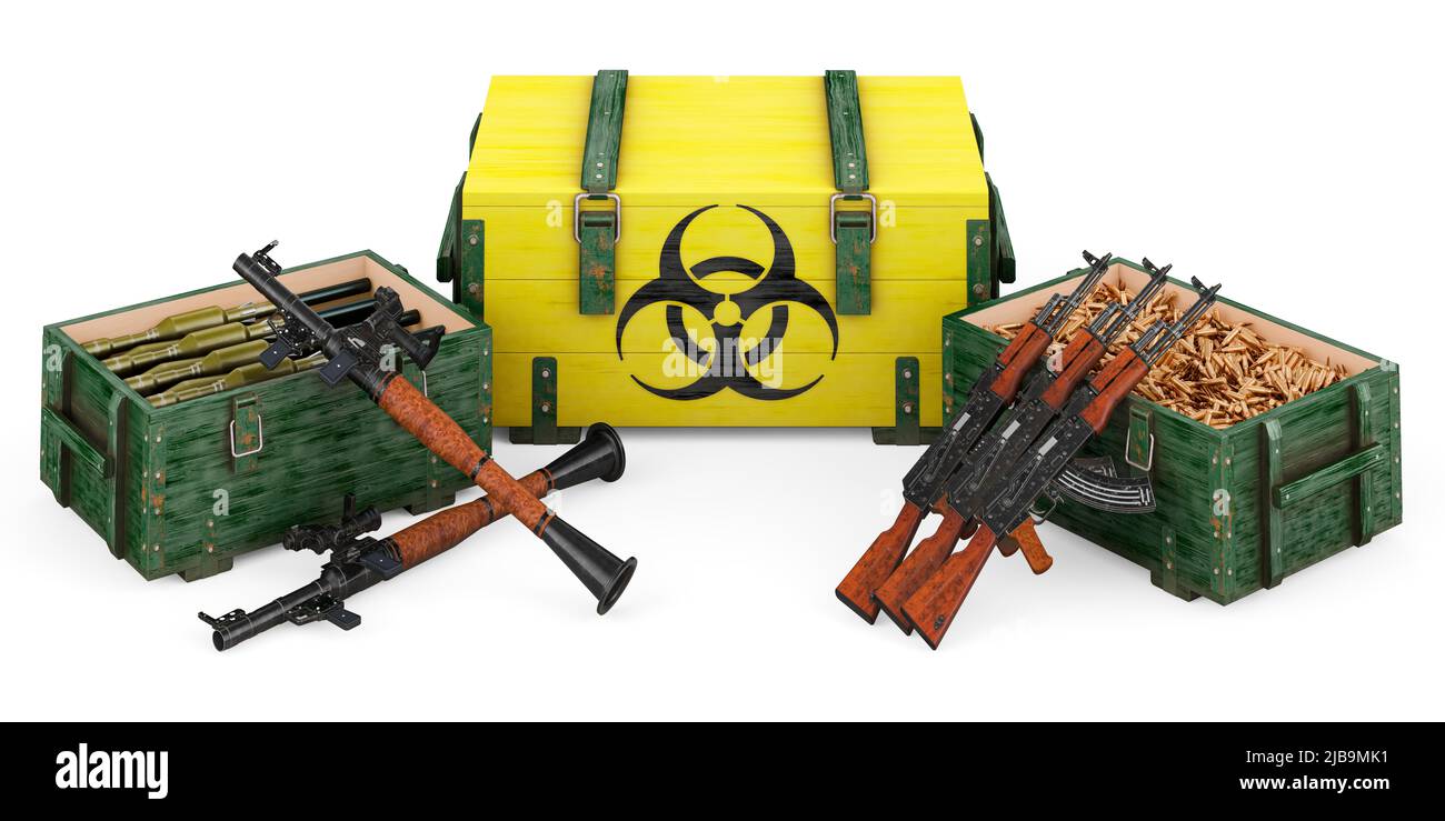 Weapons, military supplies with biohazard sign, concept. 3D rendering ...