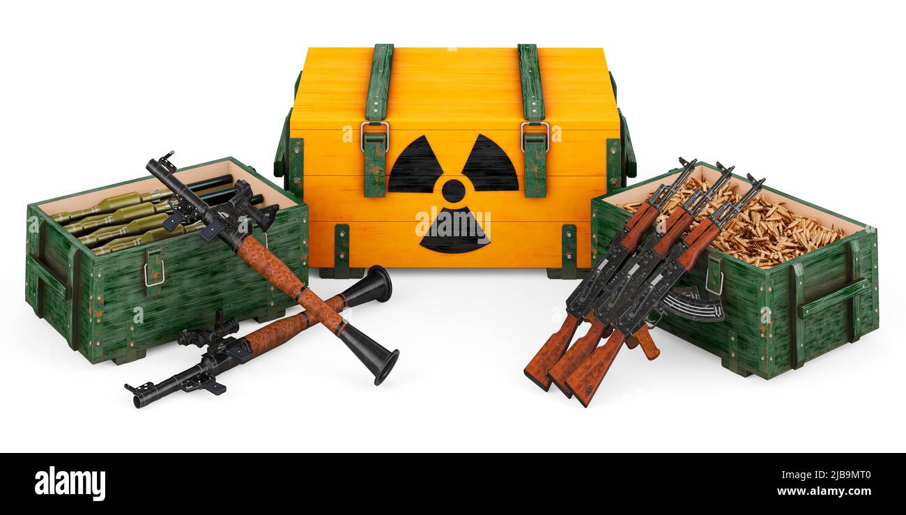 Weapons, military supplies with radiation sign. 3D rendering isolated ...