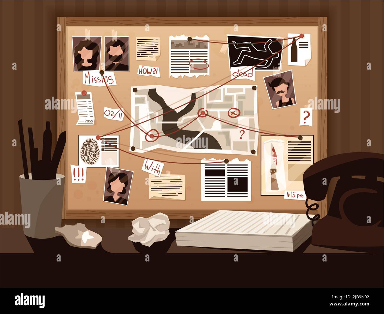 Detective board composition with view of investigators workspace with vintage telephone pinned ...