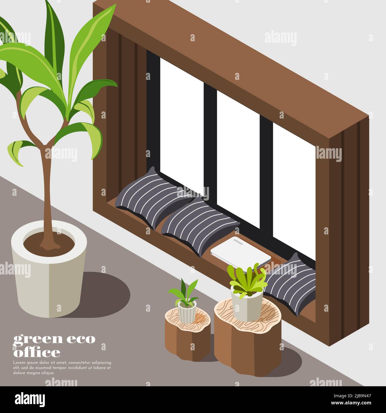 Isometric green office background with eco equipment and tools plants ...