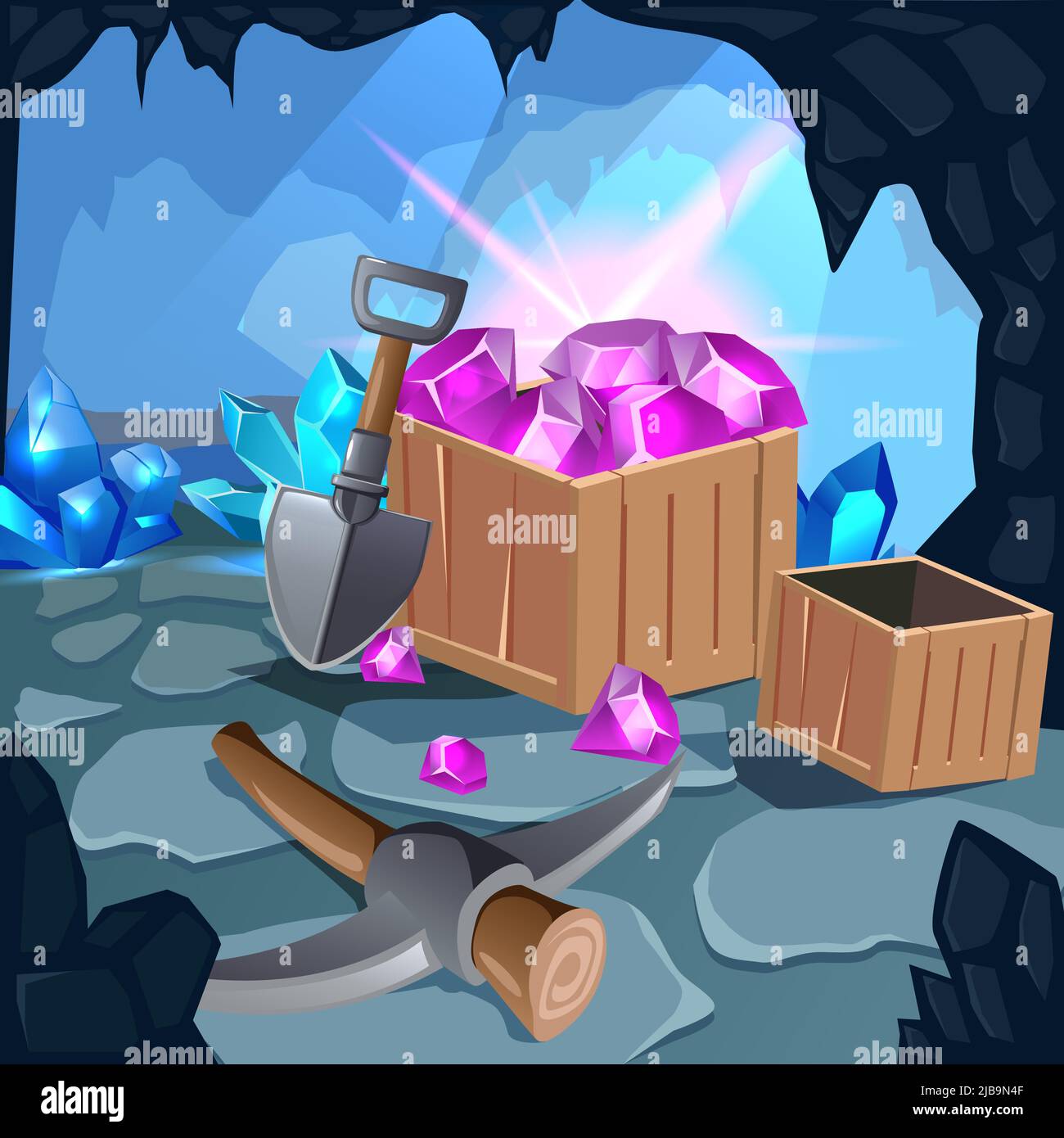 Cartoon mining game design composition with different mining equipment ...