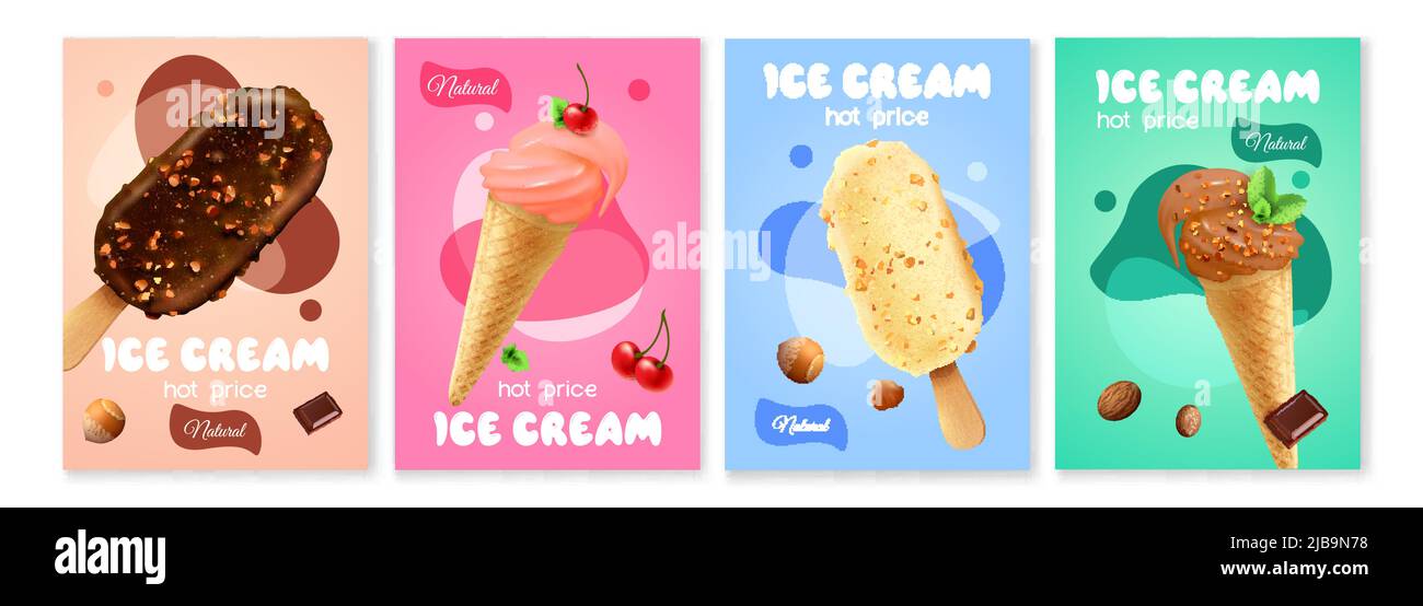 Ice cream poster set with different flavors and forms of sweet dessert ...