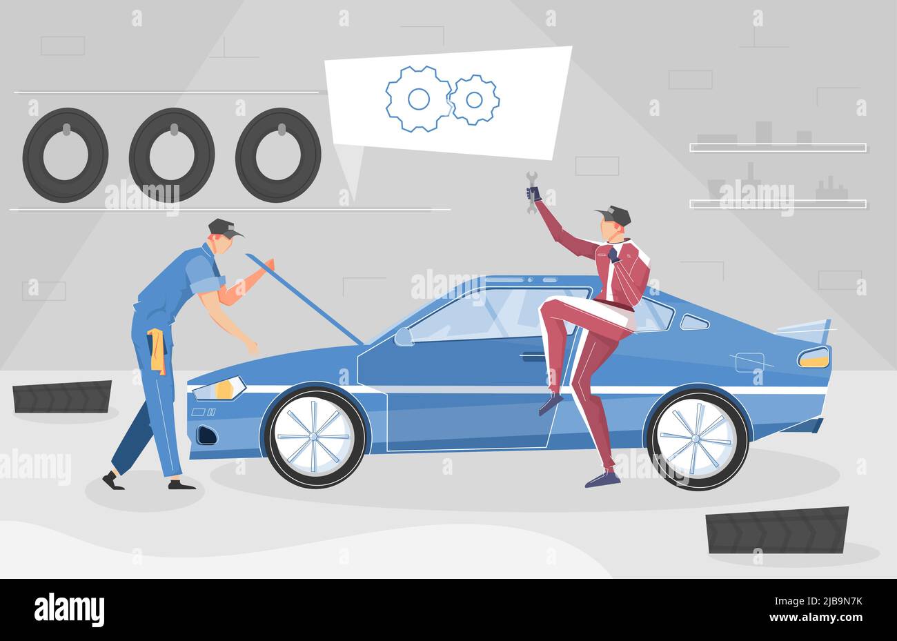 Car tuning background with sport car symbols flat vector illustration ...