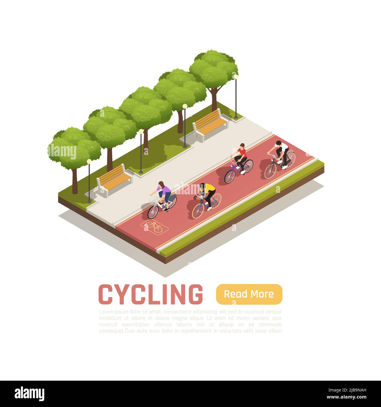 Cycling isometric composition with people riding bicycles on bike path ...