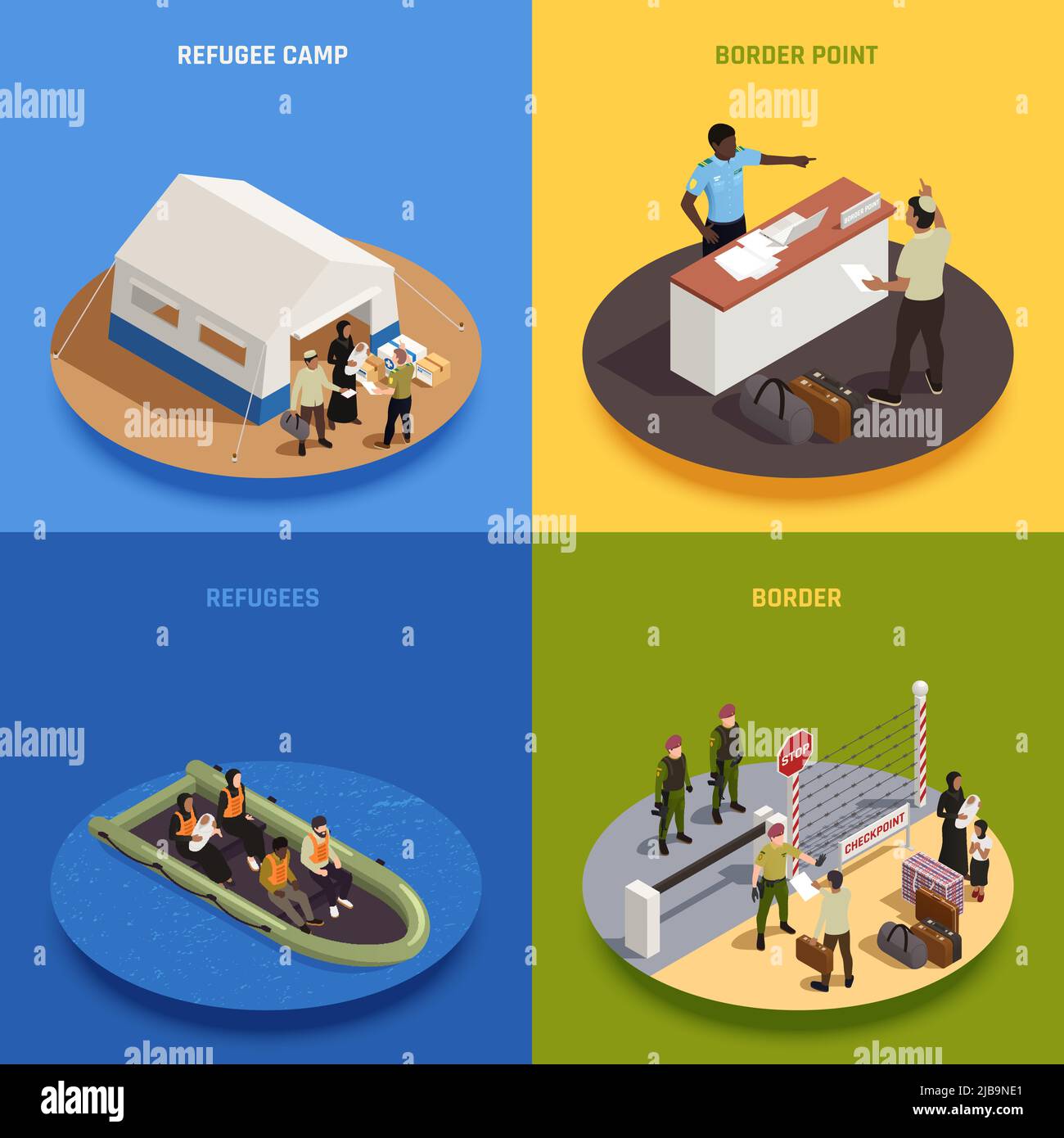 Immigrants 2x2 design concept set of illegal immigrants sailing in boat ...