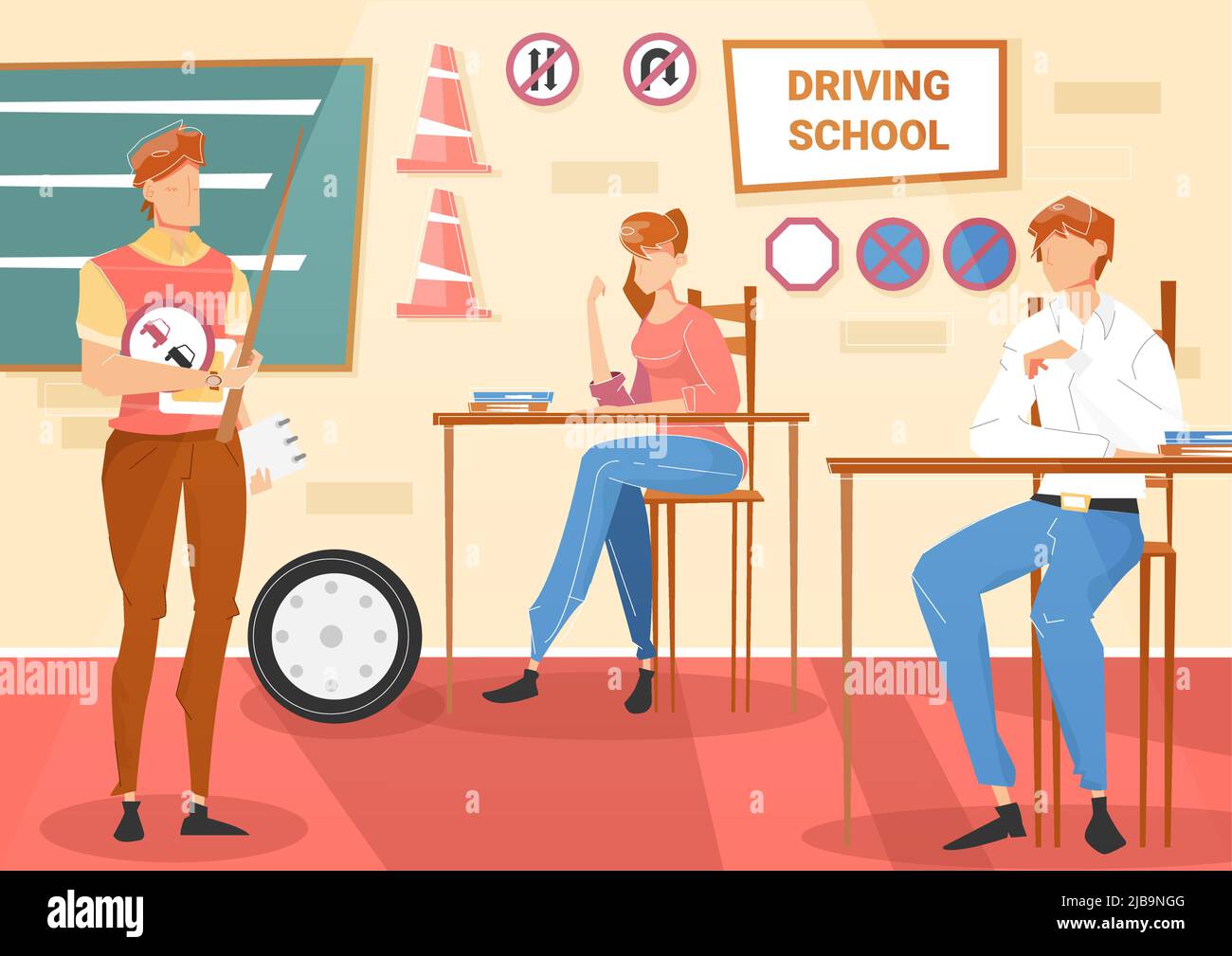 Two students and instructor on lesson at driving school flat vector ...