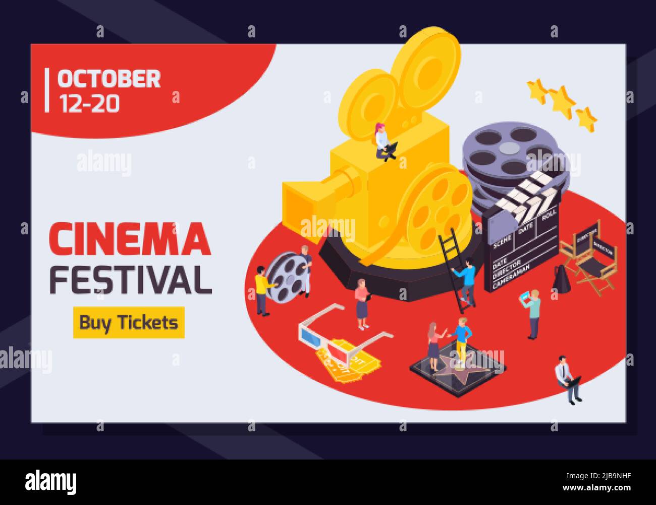 Isometric cinema festival horizontal banner with editable date text buy ...