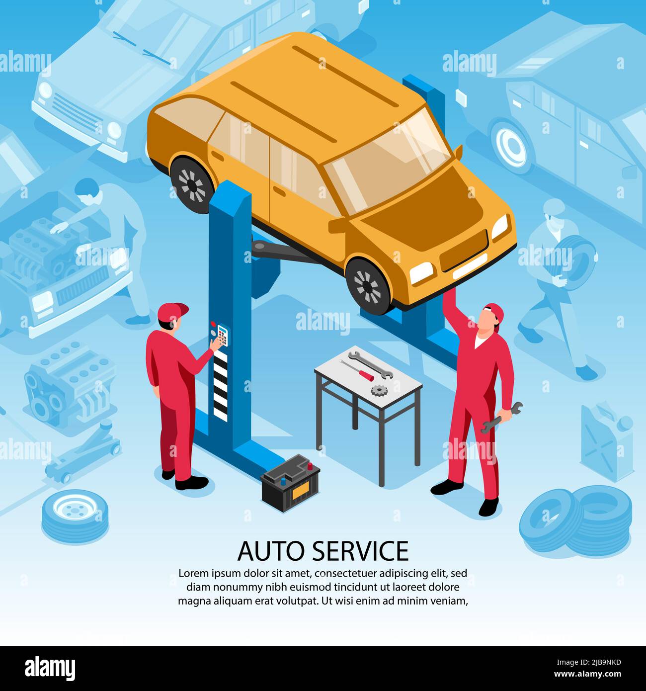 Isometric auto repair square background with editable text and ...