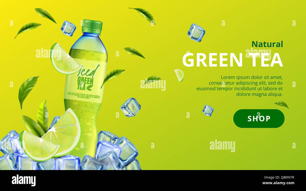 Green tea horizontal background with bottle of iced drink decorated by ...