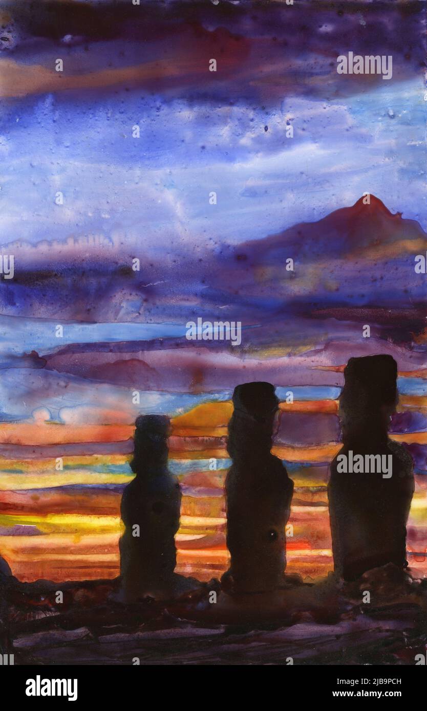 Watercolor painting of enigmatic moai statues on Easter Island, Chile ...