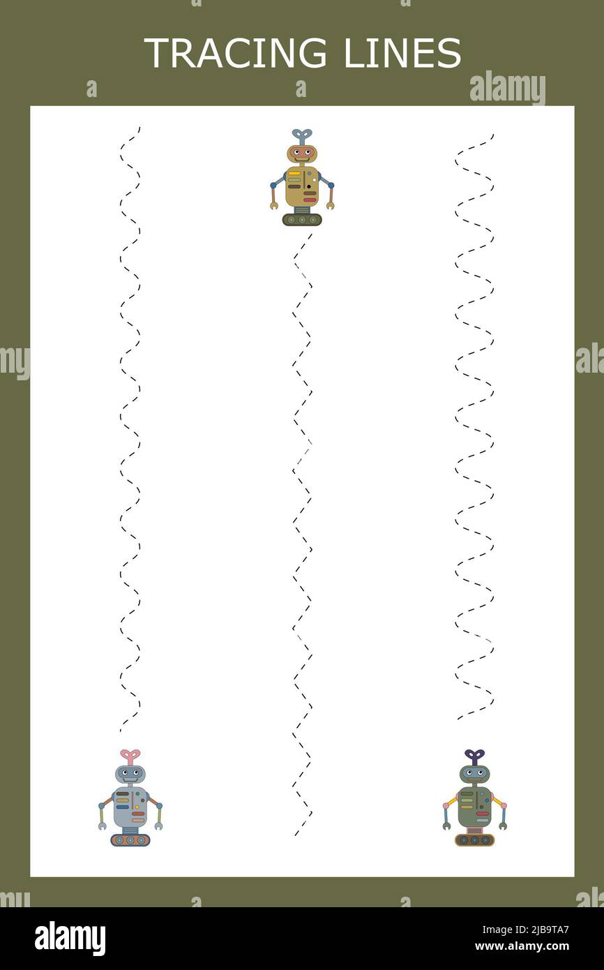 Tracing lines game with robots. Worksheet for preschool kids, kids ...