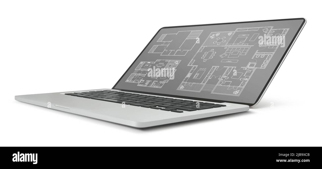 Close-up of open computer laptop with blueprint drawing of house ...