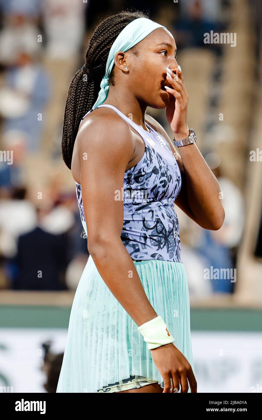 Paris, France. 4th june, 2022. Tennis player Coco Gauff cries after the ...